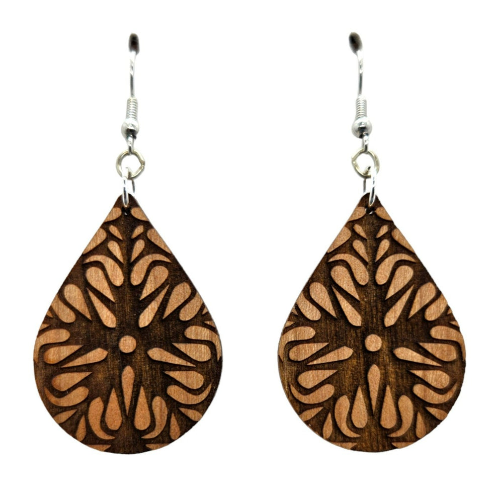 Wood Earrings - Flower Floral Mandala Engraved Teardrop Wood Earrings ...