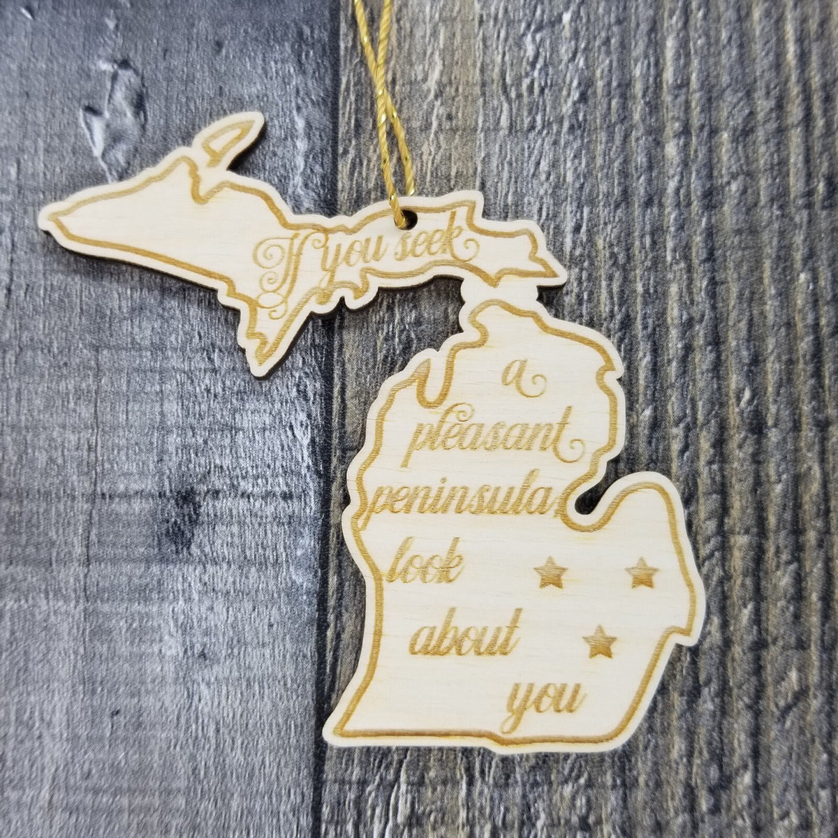 Michigan Wood Ornament - MI State Shape with State Motto - Handmade Wo ...