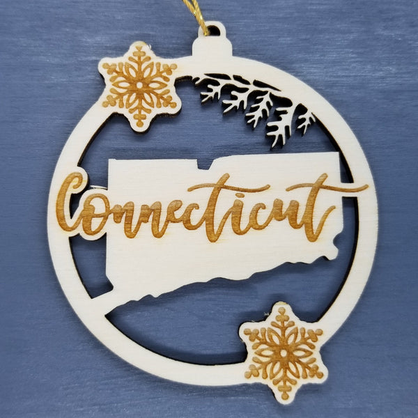 Connecticut Wood Ornament - CT State Shape with Snowflakes Cutout - Ha ...
