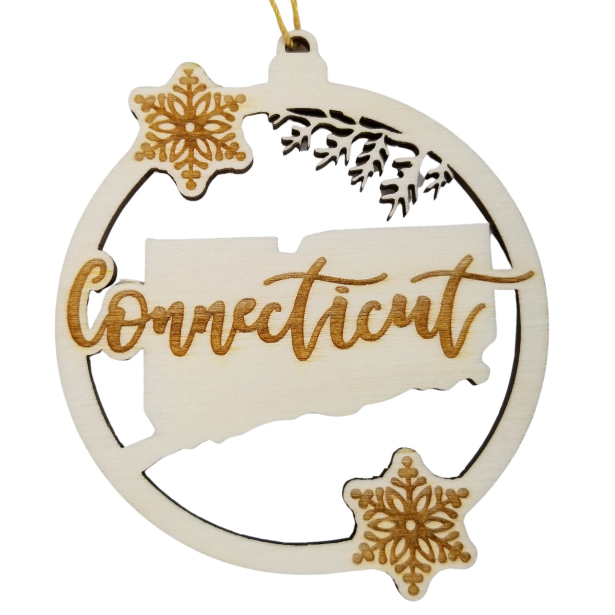 Connecticut Wood Ornament - CT State Shape with Snowflakes Cutout - Ha ...