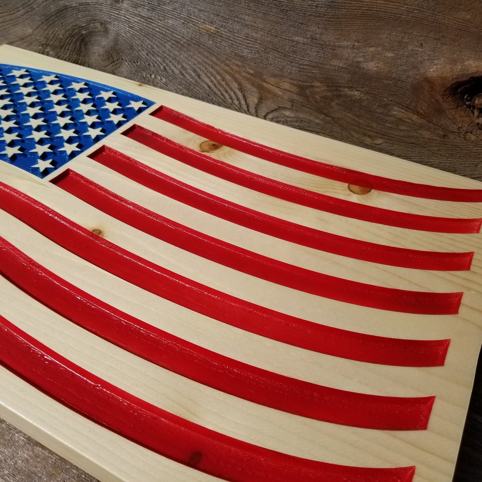 American Flag Carved Wood Sign Handmade USA Patriotism Rustic Knotty P ...