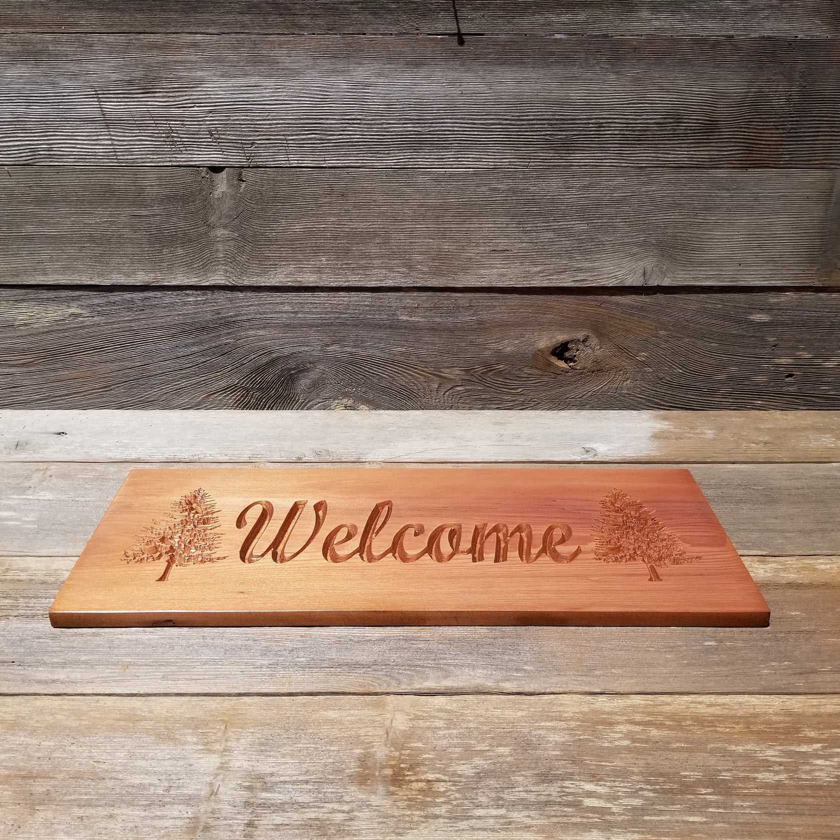 Welcome Sign with Two Trees Handmade Carved Sign Redwood – Happy Wood ...